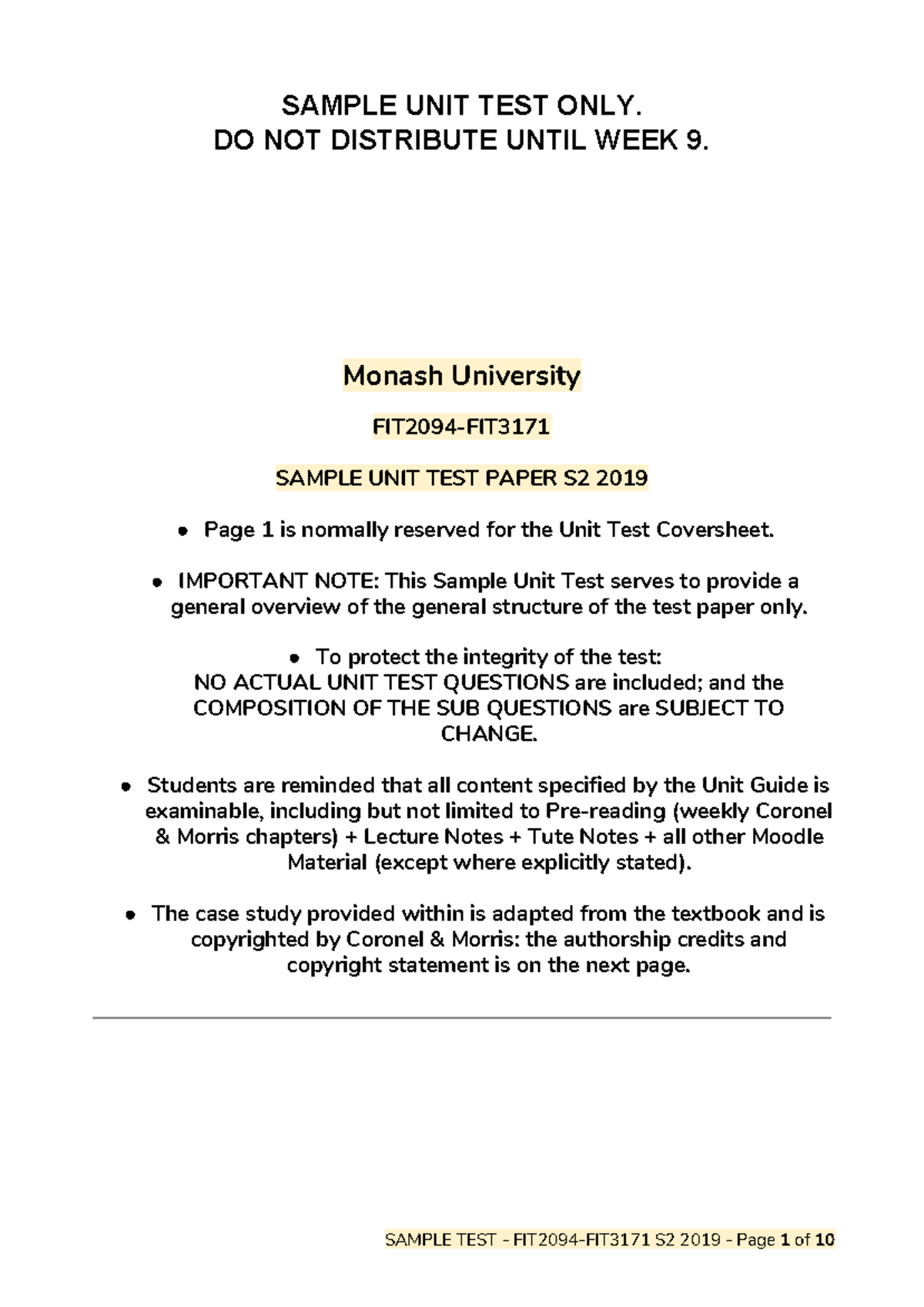 FIT2094-FIT3171 Sample Unit Test Paper S2 2019 Overview - Studocu