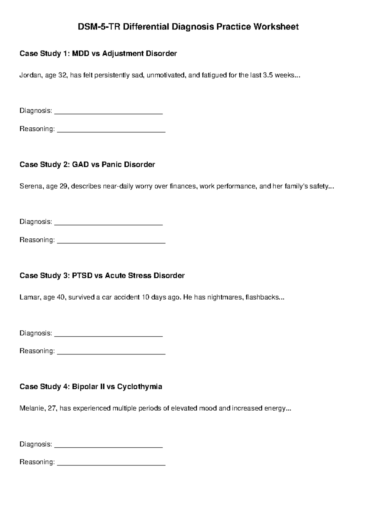 DSM-5-TR Differential Diagnosis Worksheet: Case Studies Analysis - Studocu