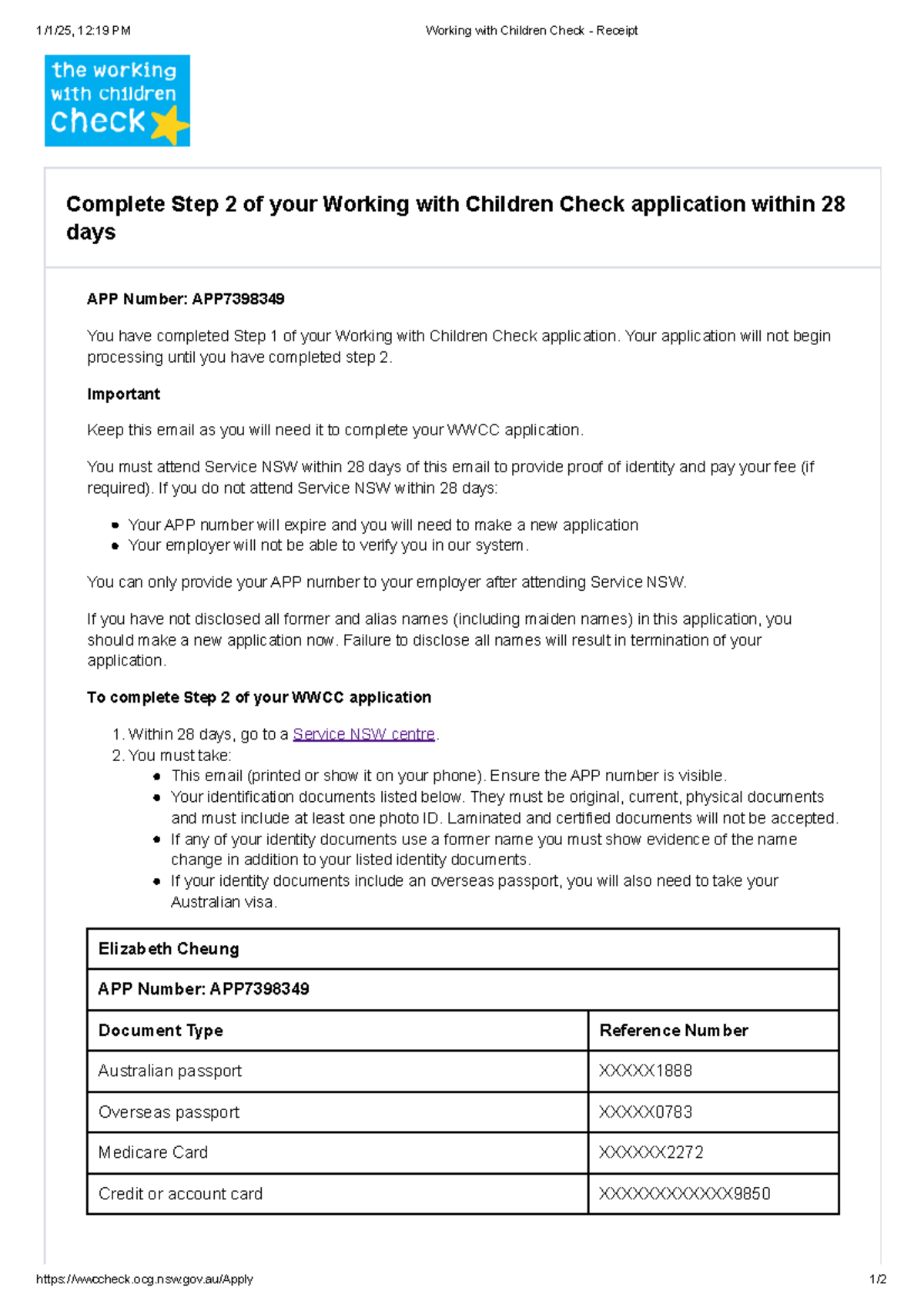WWCC Step 2 Instructions & Receipt - APP7398349 - Studocu
