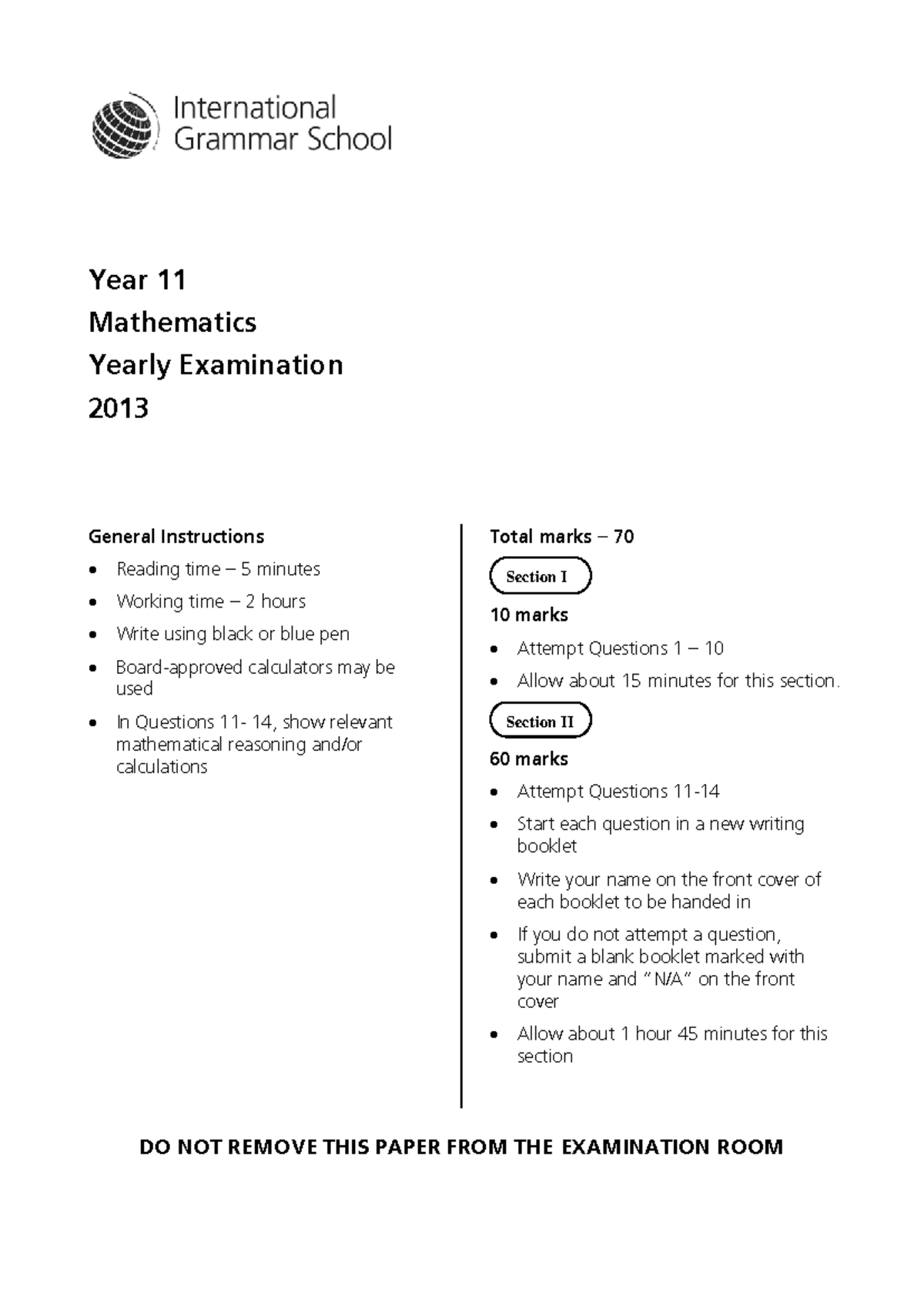 2013 Year 11 Mathematics Preliminary Yearly Exam & Solutions - Studocu