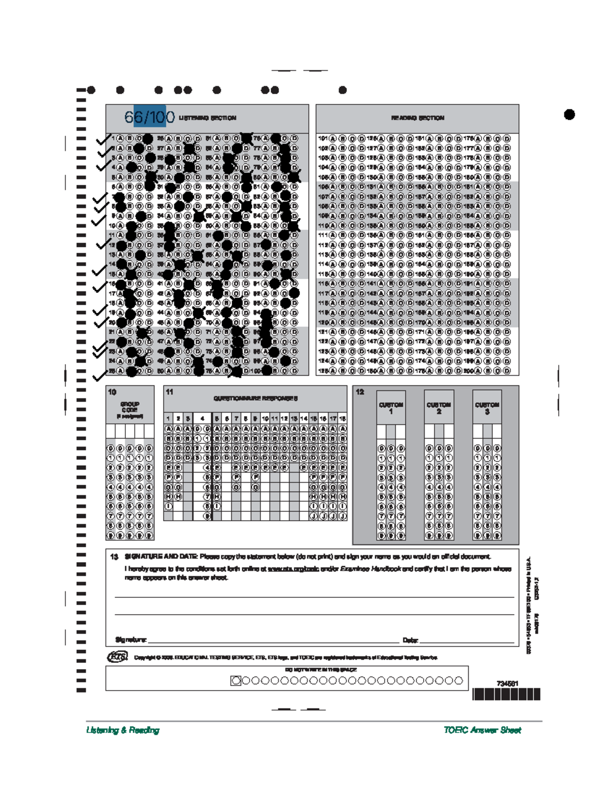 TOEIC Listening & Reading Answer Sheet (66/100) - Studocu