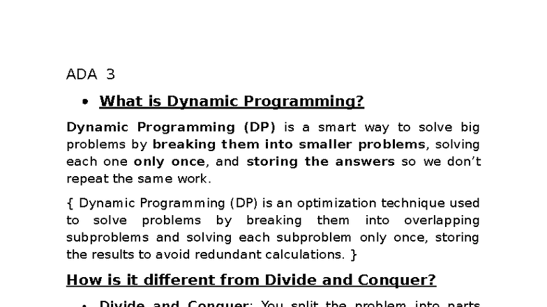 ADA 3 - Dynamic Programming and Performance Analysis Notes - Studocu