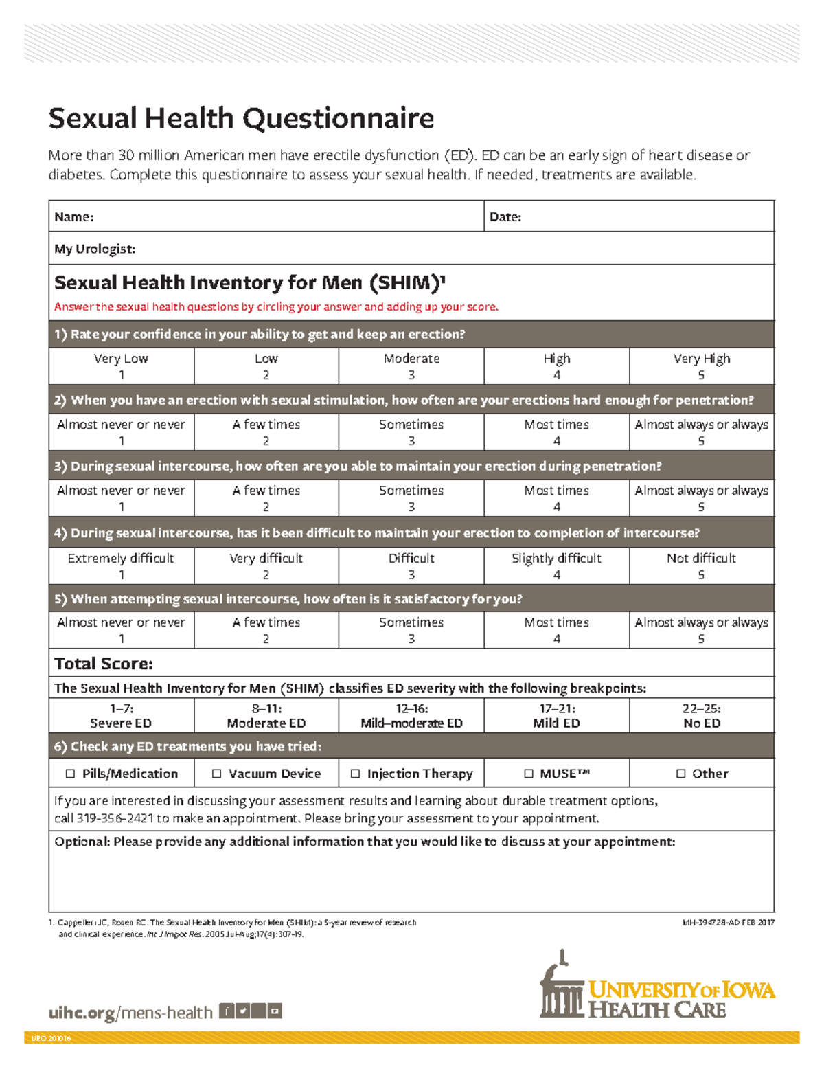 Sexual Health Questionnaire - URO uihc / mens-health Sexual Health ...