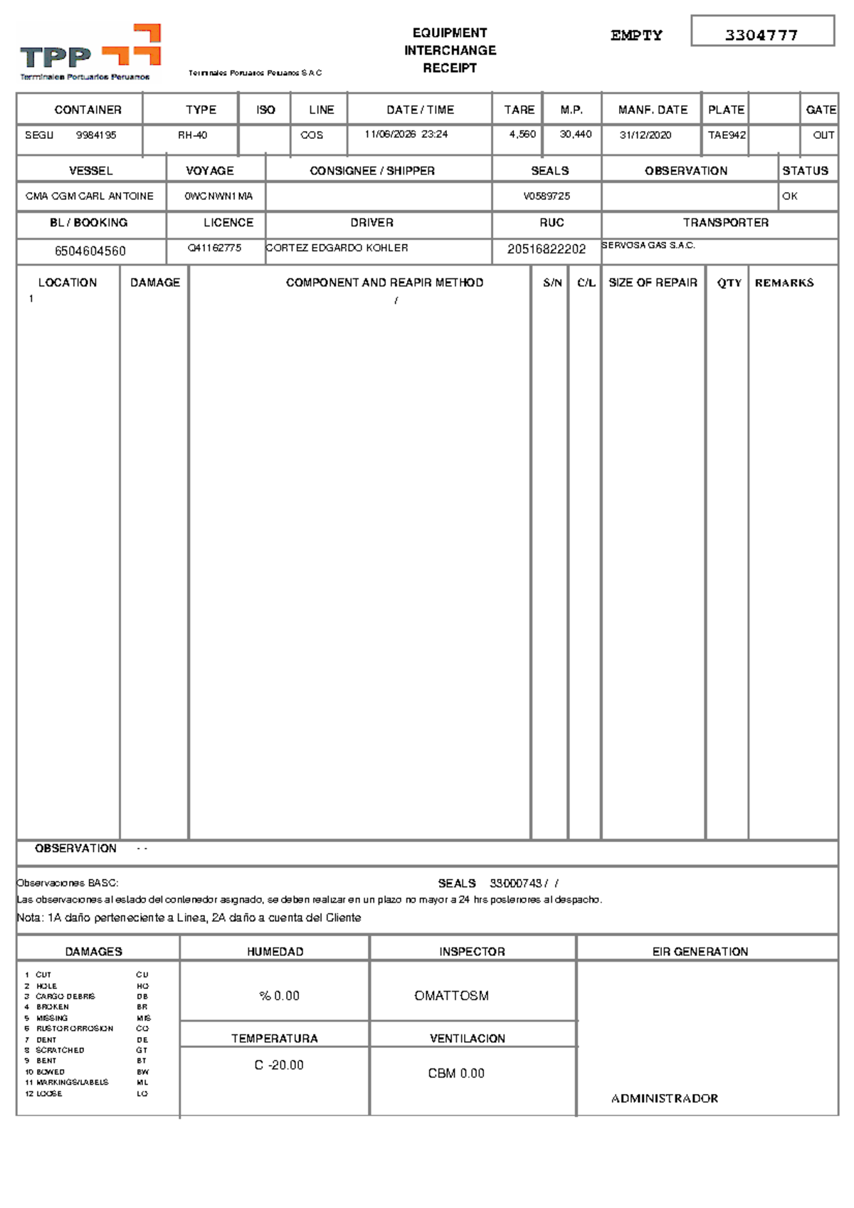 EQUIPMENT INTERCHANGE RECEIPT - CONTAINER 9984195 - Studocu