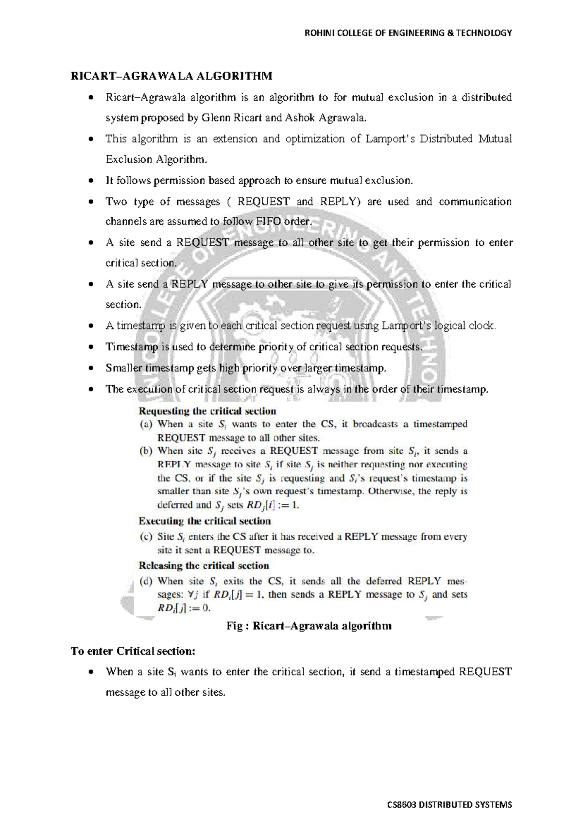 CS8603 Distributed Systems: Ricart-Agrawala Algorithm Overview - Studocu