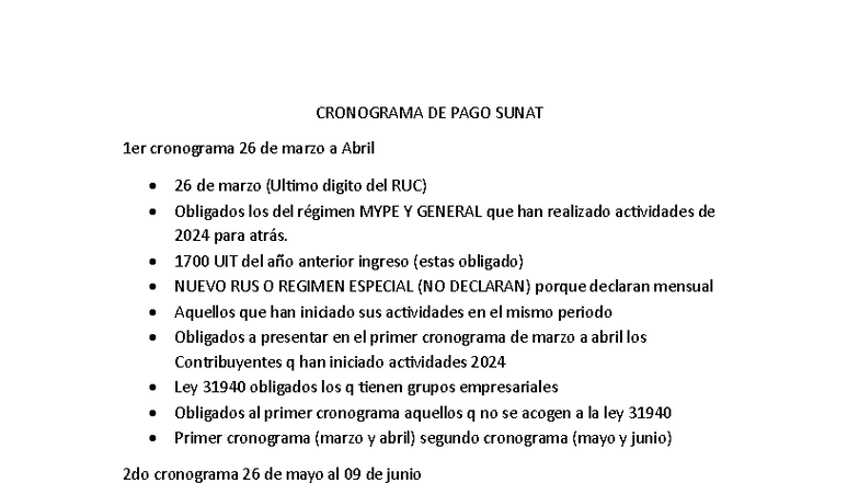 Cronograma de Pago SUNAT 2024: Primer y Segundo Cronograma - Studocu