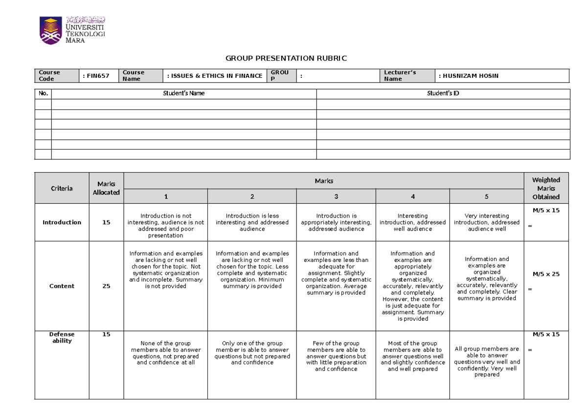 Group Presentation Rubric - GROUP PRESENTATION RUBRIC Course Code : FIN ...
