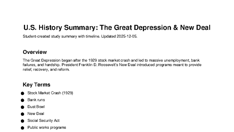US History Summary: The Great Depression & New Deal Overview - Studocu