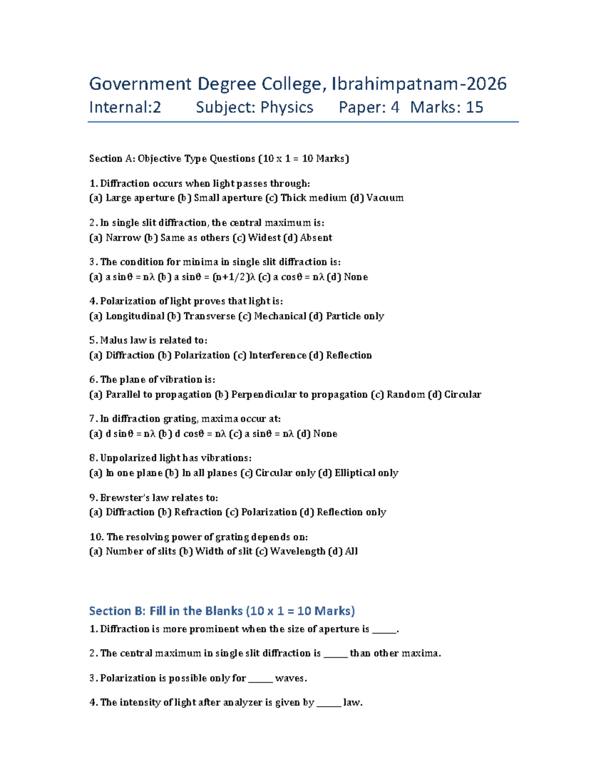 Physics Internal Exam: Objective & Fill-in-the-Blank Questions (Inte ...