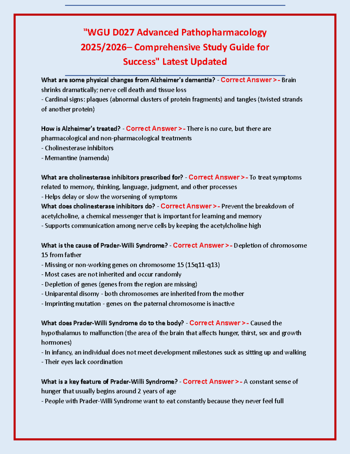 WGU D027 Advanced Pathopharmacology Comprehensive Study Guide 2025/2026 ...