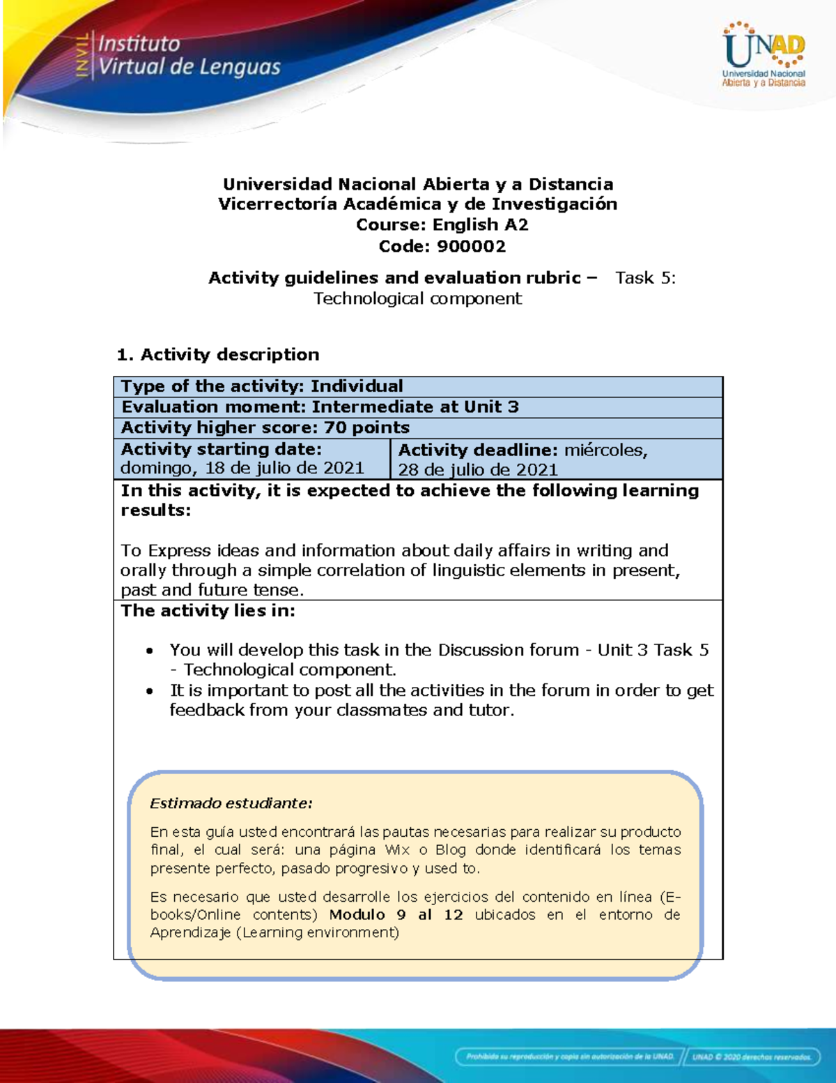 Activity Guide & Evaluation Rubric - English A2 (Unit 3, Task 5) - Studocu