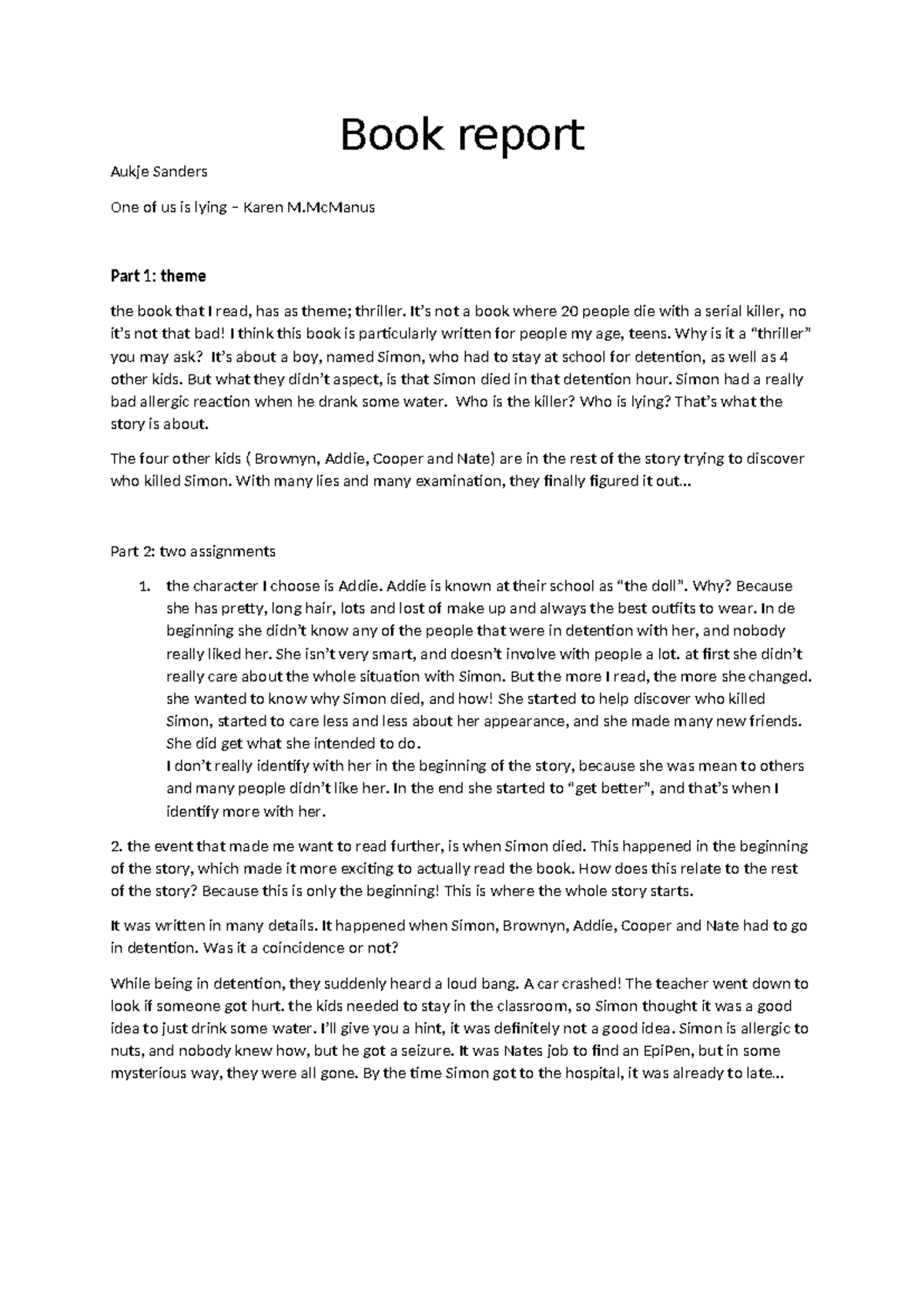 Book Report: One of Us is Lying Analysis & Themes - Studeersnel