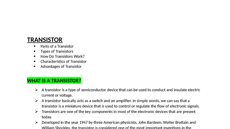 Transistor - Notes 3: Parts, Types, Working & Characteristics - Studocu