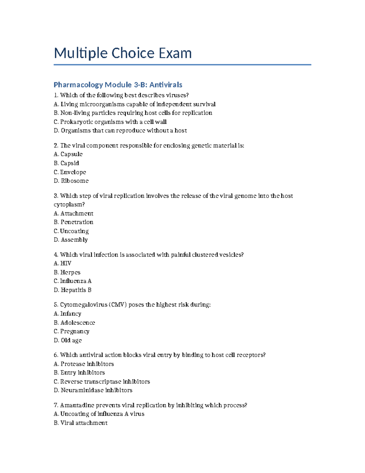 Antivirals 30-Item Multiple Choice Exam (Pharmacology Module) - Studocu