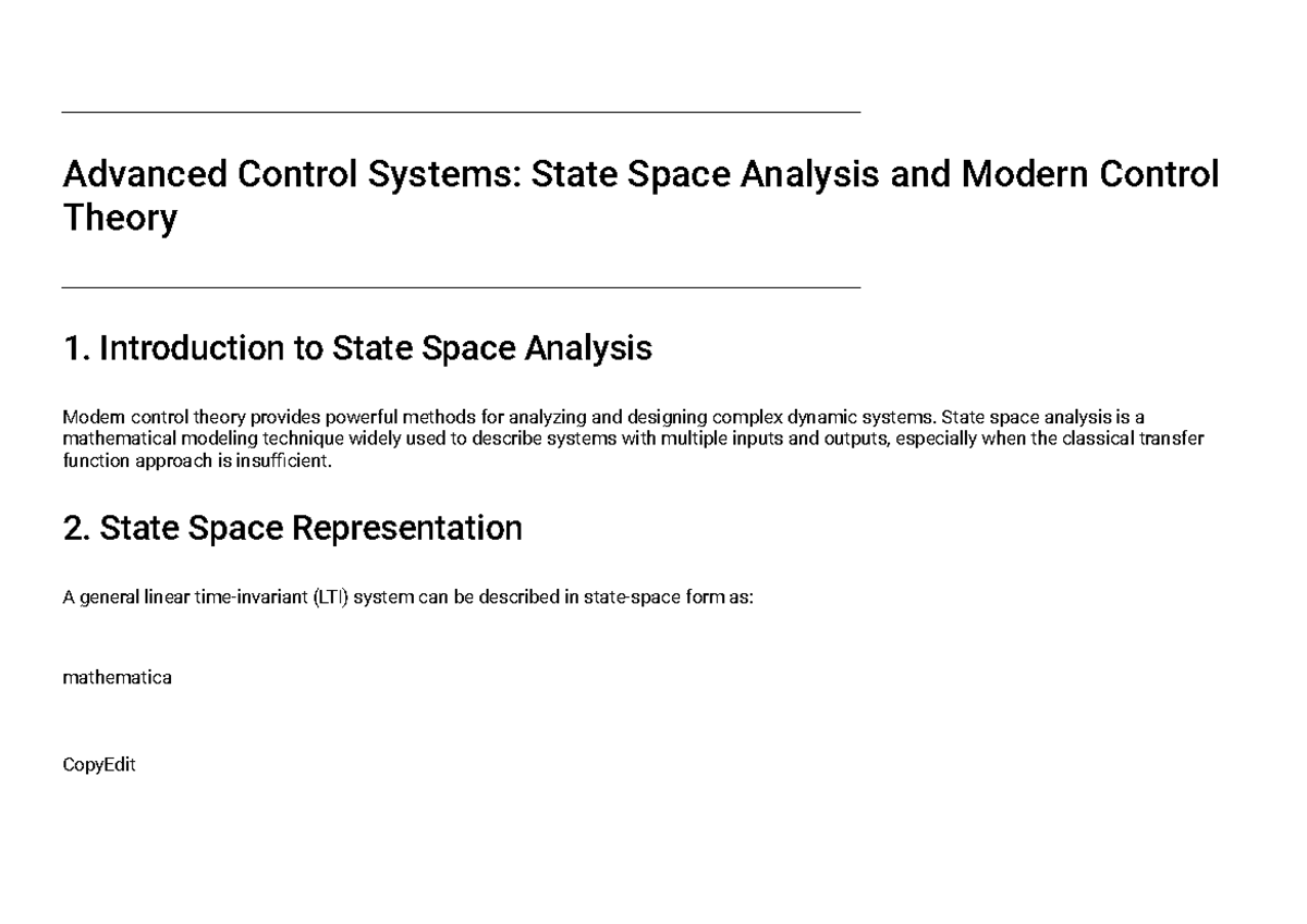 Advanced Control Systems: State Space Analysis & Modern Control Theory ...