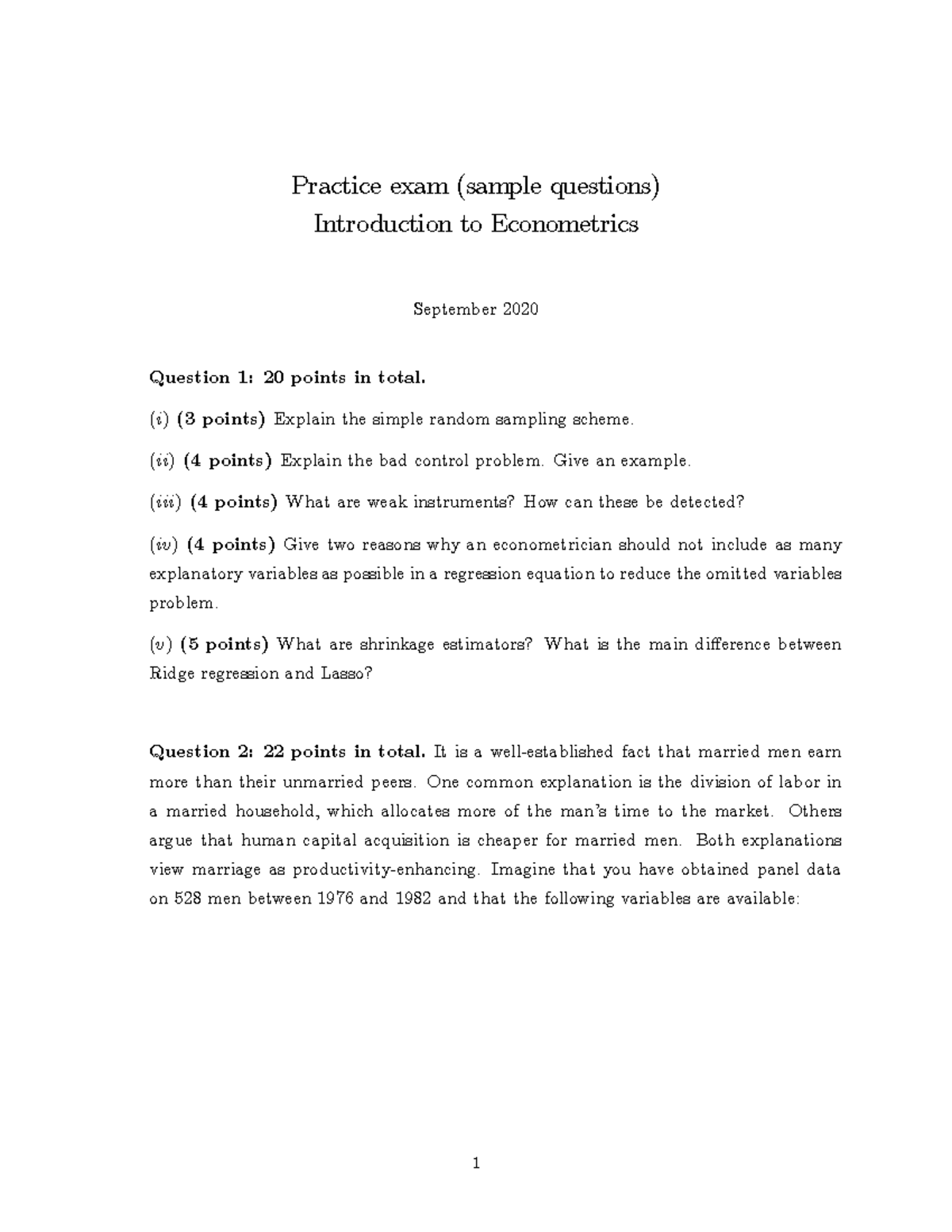 Practice Exam: Sample Questions for Introduction to Econometrics (ECO ...