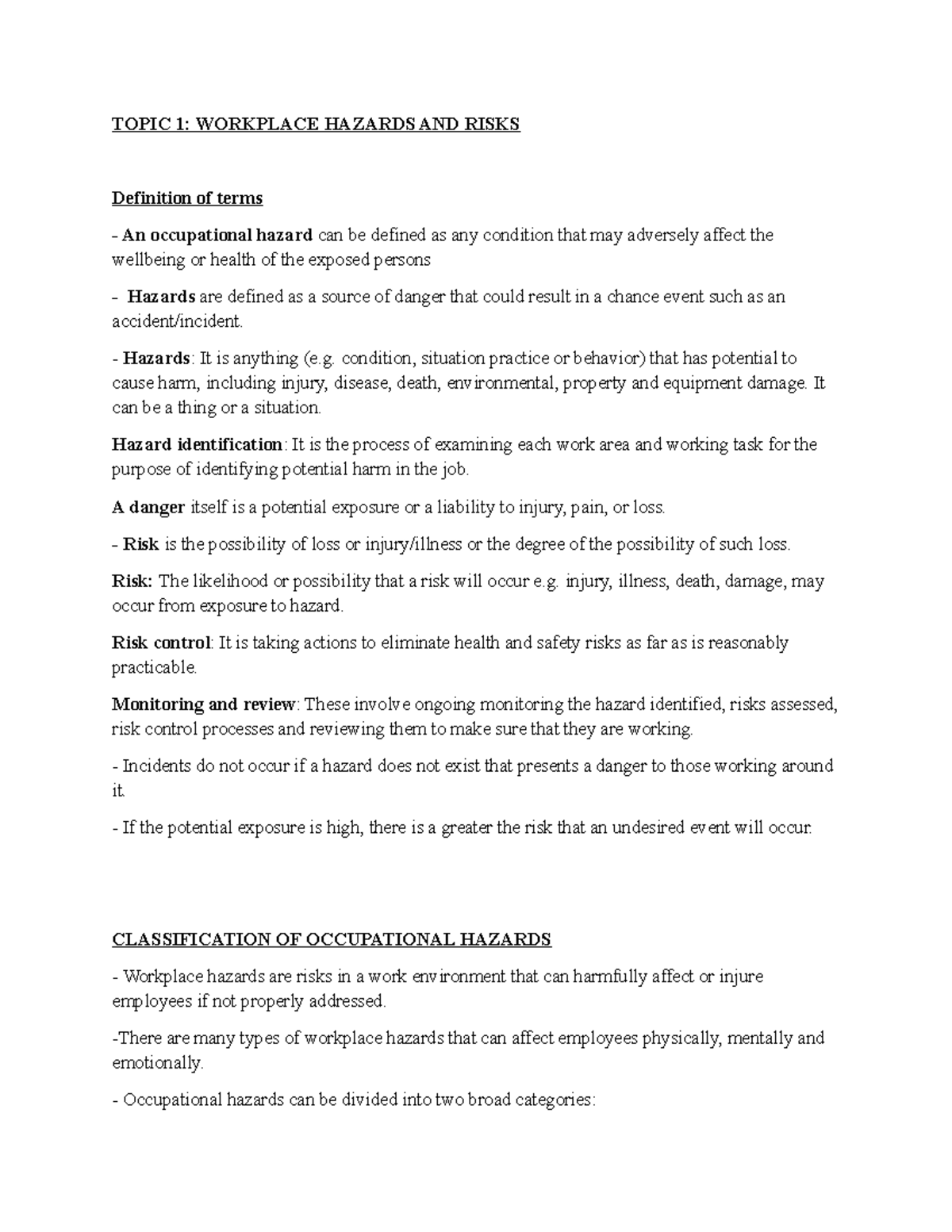 Topic 1: Workplace Hazards and Risks - OSH Revision Notes - Studocu