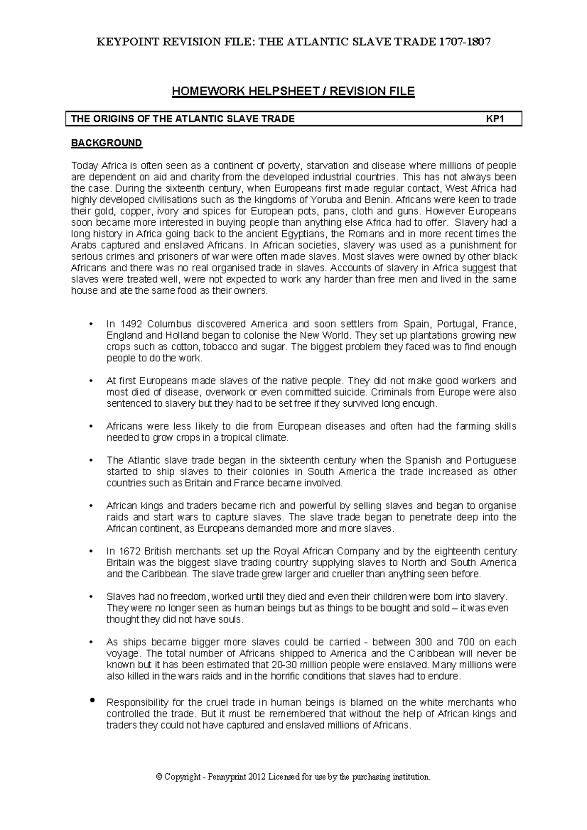 KEYPOINT REVISION FILE: THE ATLANTIC SLAVE TRADE OVERVIEW AND INSIGHTS ...