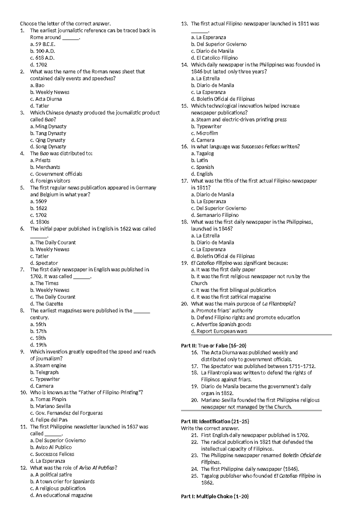 Engl 14 Quiz 1: Review of Journalism History and Key Facts - Studocu