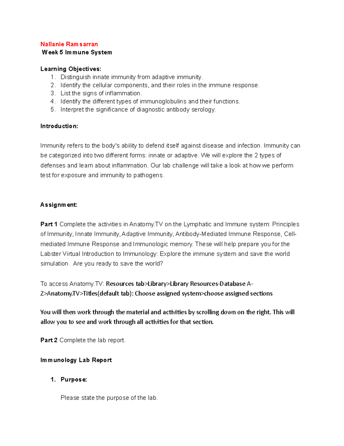 BIOS255 Week 5 Immune System: Lab Report and Key Insights - Studocu