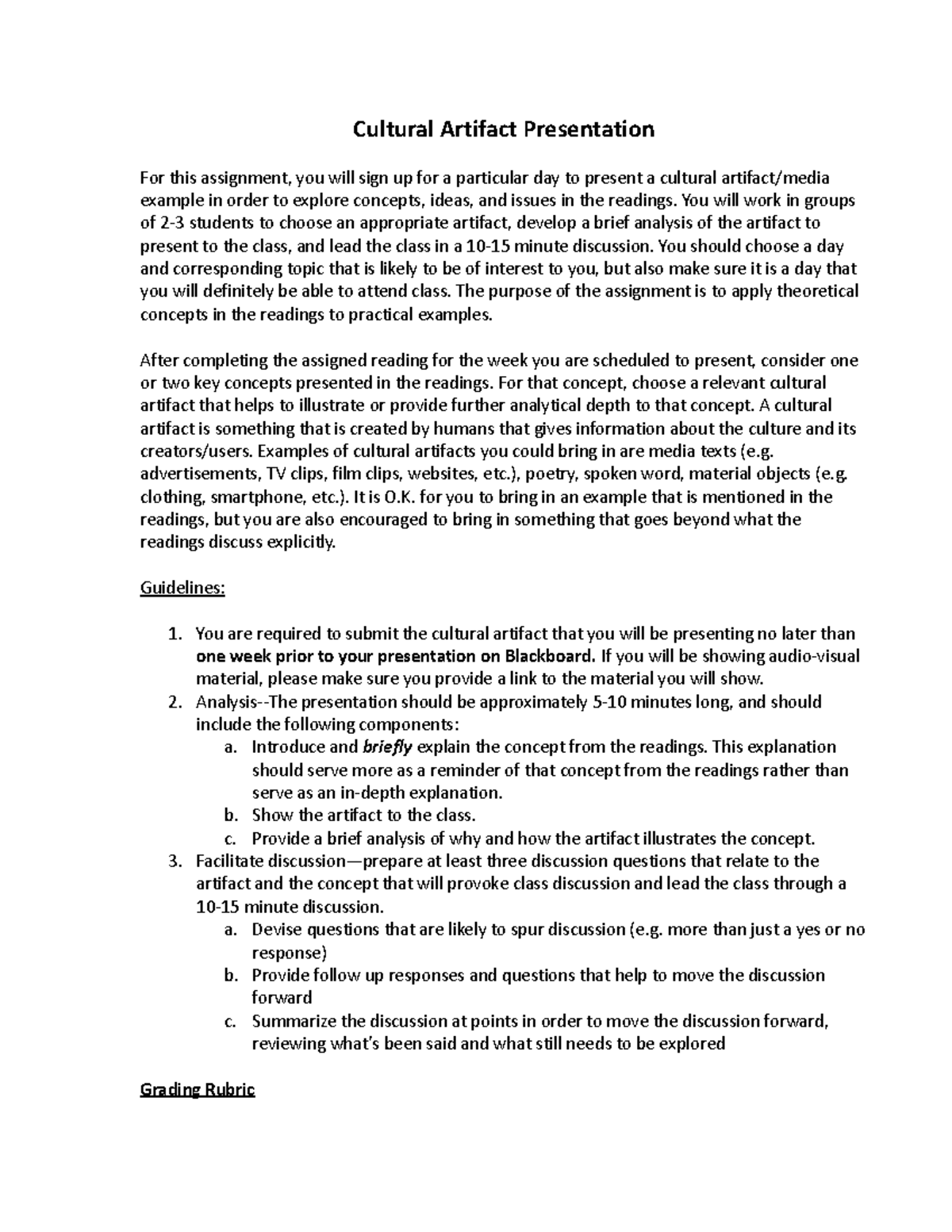 Cultural Artifact Presentation Guidelines and Requirements - Studocu