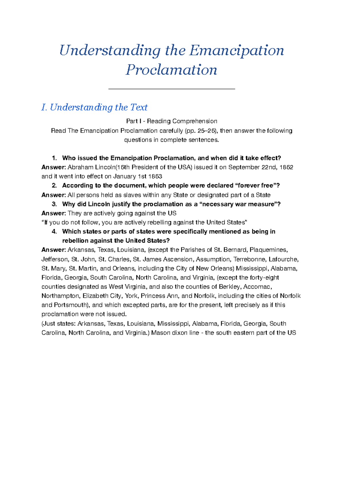 Understanding the Emancipation Proclamation: Worksheet Analysis - Studocu