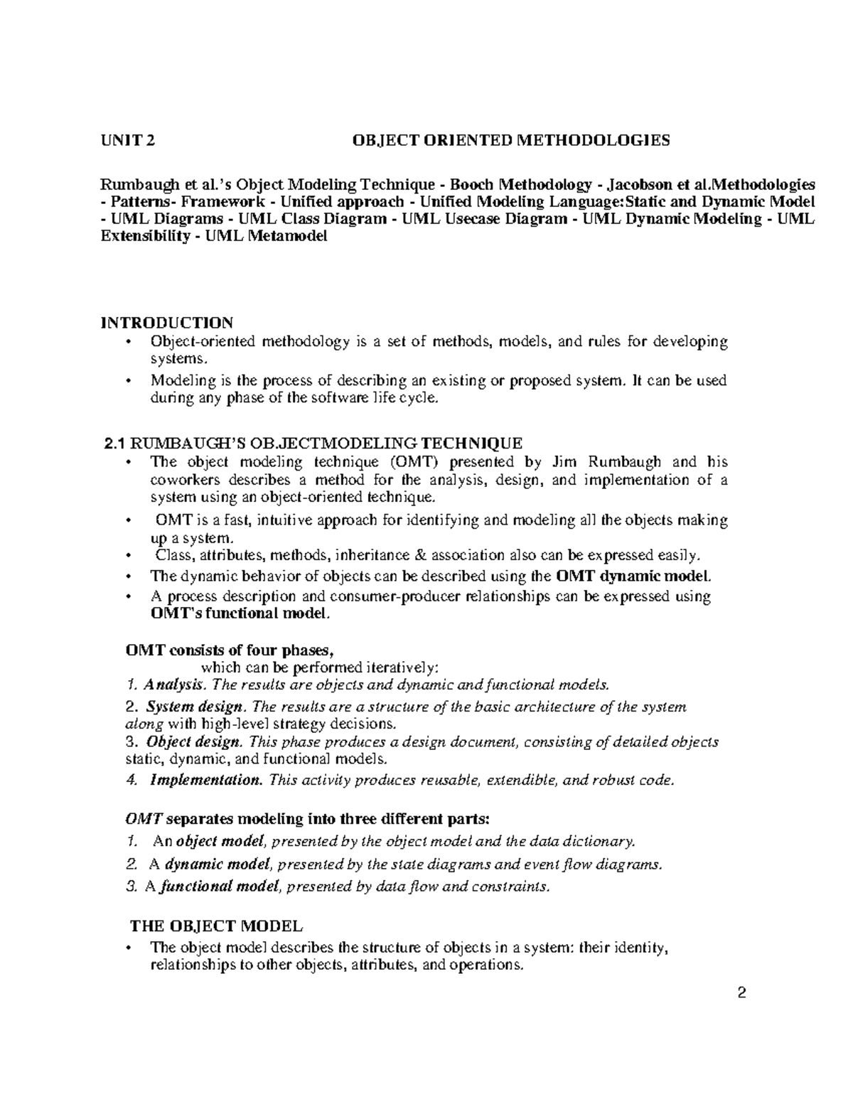 UNIT-2 Object Oriented Analysis & Design: Methodologies Overview - Studocu