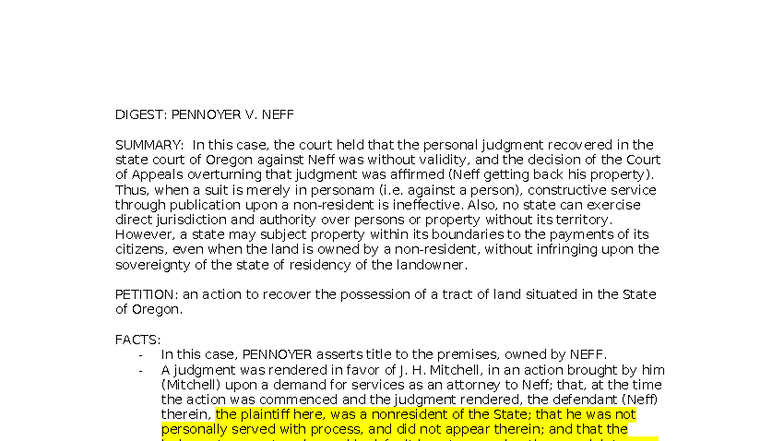 PENNOYER V. NEFF: Jurisdiction and Property Rights Analysis - Studocu