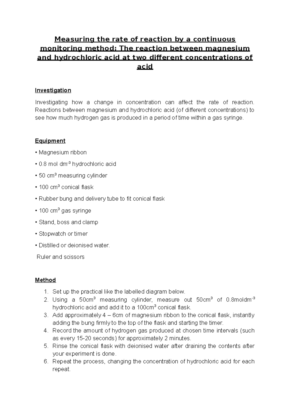 AQA A Level Chemistry: Investigating Reaction Rates with Mg & HCl - Studocu
