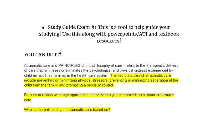 NUR203 Exam 1 Study Guide: Atraumatic Care Principles & Assessments ...