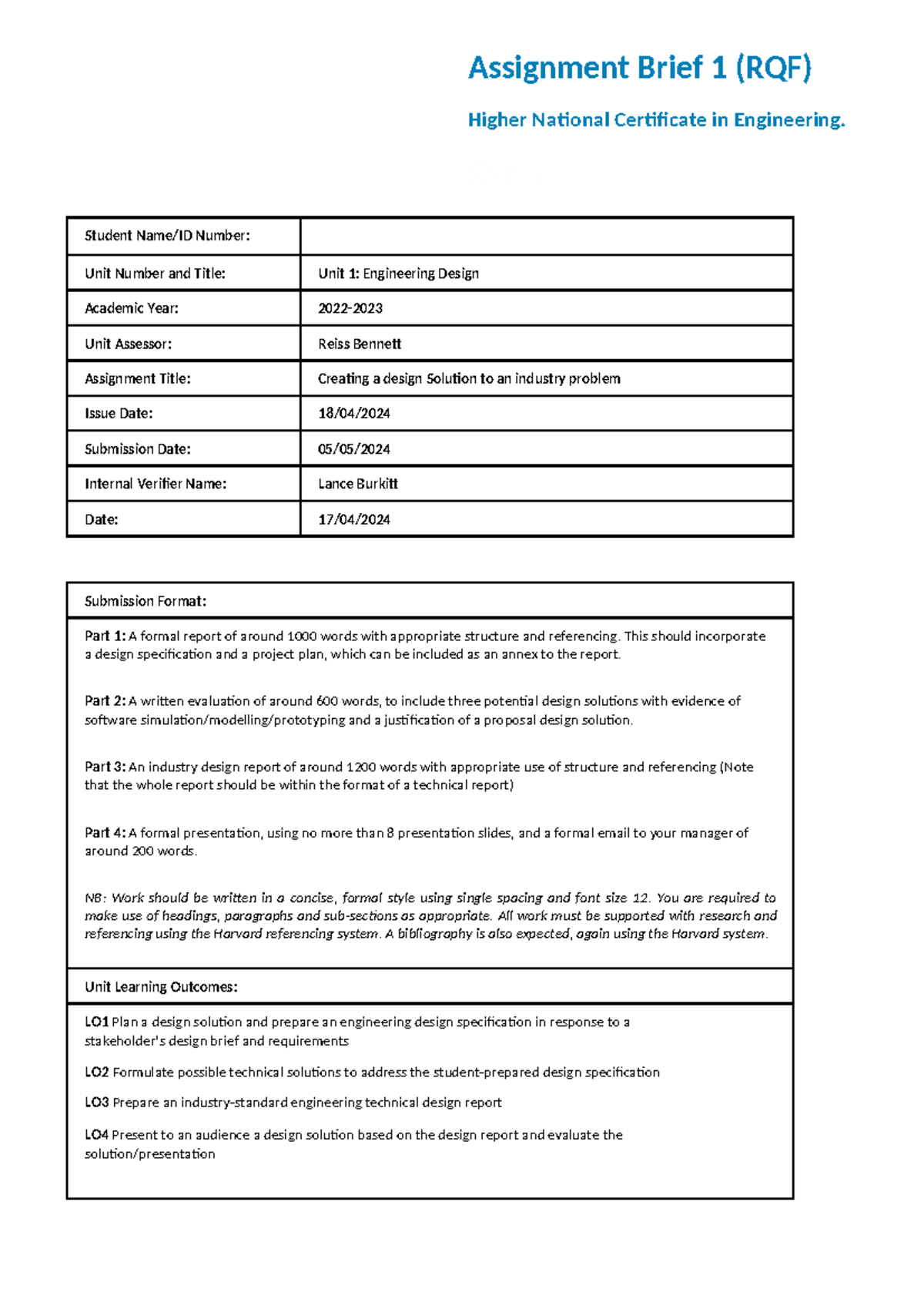 Unit 1: Engineering Design Assignment Brief (RQF) - Final Report ...