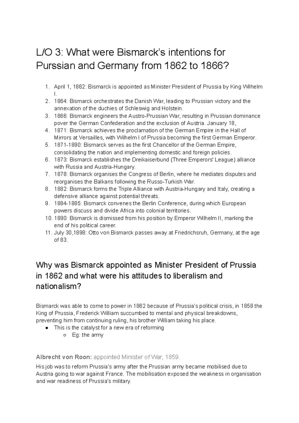 3: Bismarck's Role in Prussia and German Unification (1862-1866) - Studocu