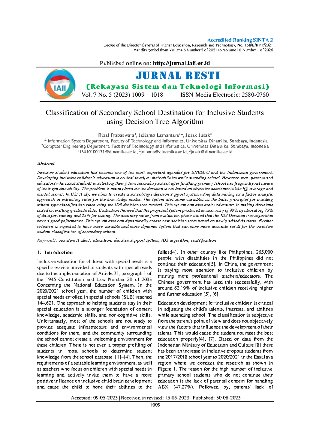 Decision Support System for Inclusive Students' Secondary School ...