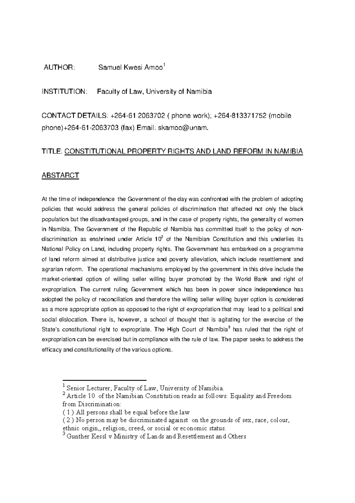 Constitutional Property Rights & Land Reform in Namibia (LAW 101) - Studocu
