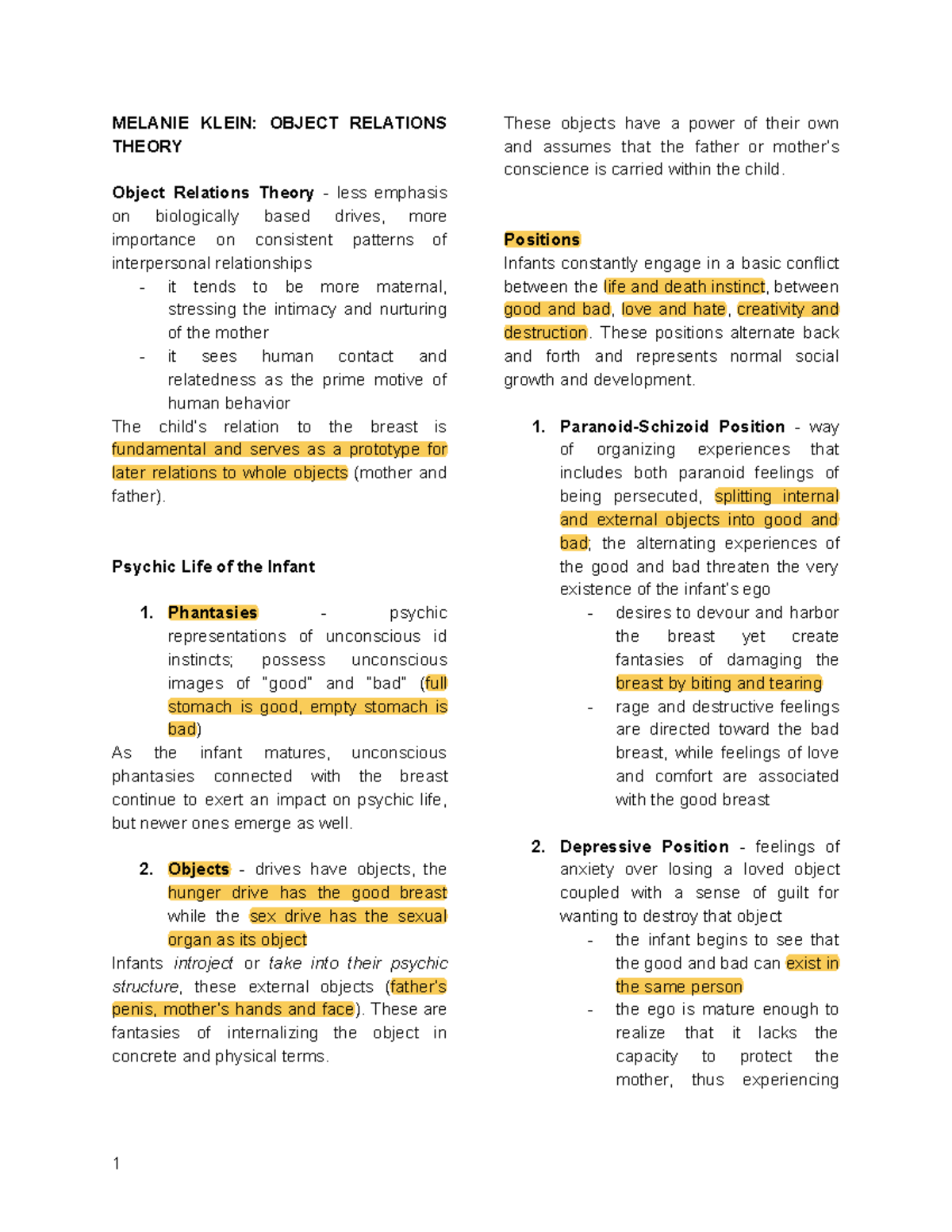MELANIE KLEIN: OBJECT RELATIONS THEORY - Chapter Summaries - Studocu