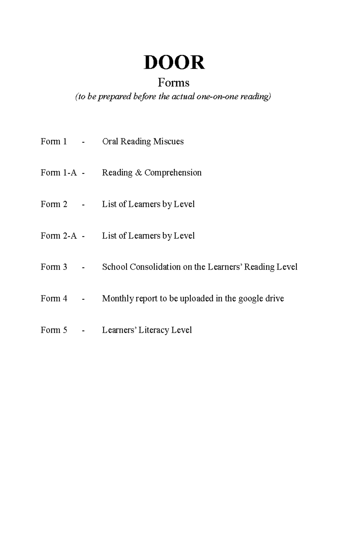 DOOR- Assessment- Tools - DOOR Forms (to be prepared before the actual ...