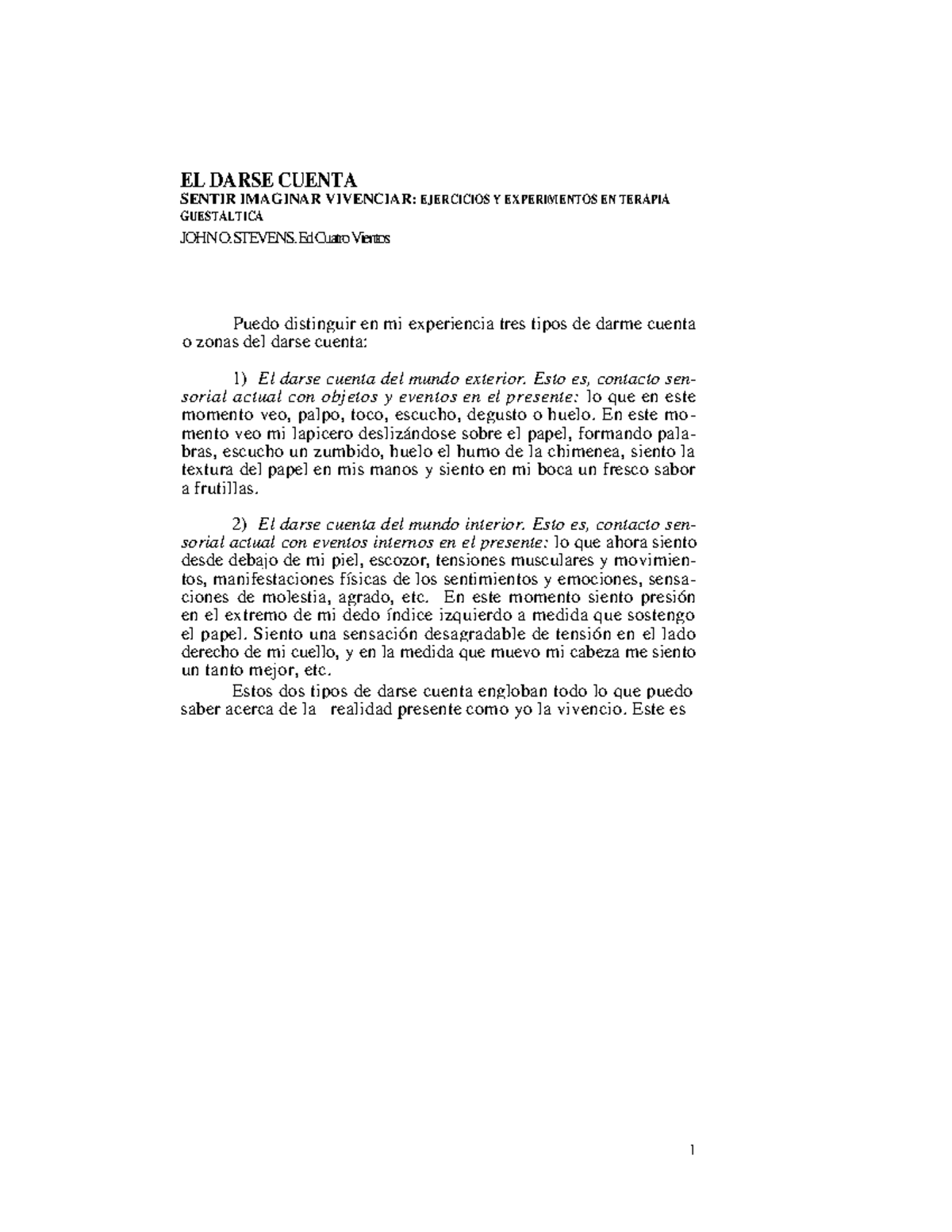 Texto 1 Introducción libro Darse Cuenta. J - 1 EL DARSE CUENTA SENTIR ...