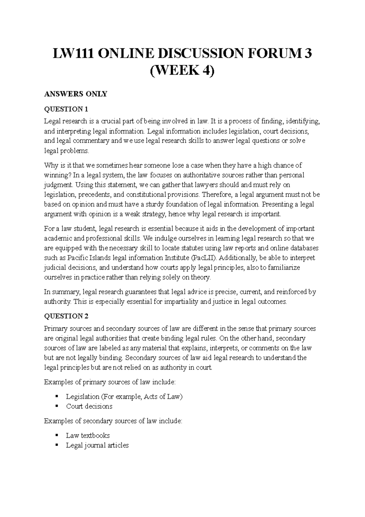 LW111 Online Discussion Forum 3 (WEEK 4) - Legal Research Insights ...