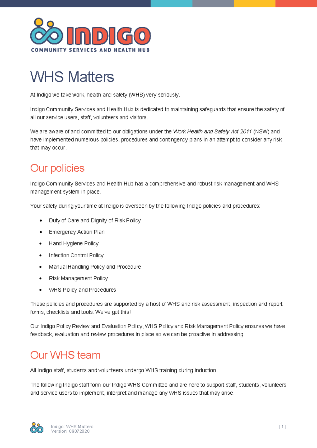 Indigo Community Services WHS Matters Overview - Version 09072020 - Studocu