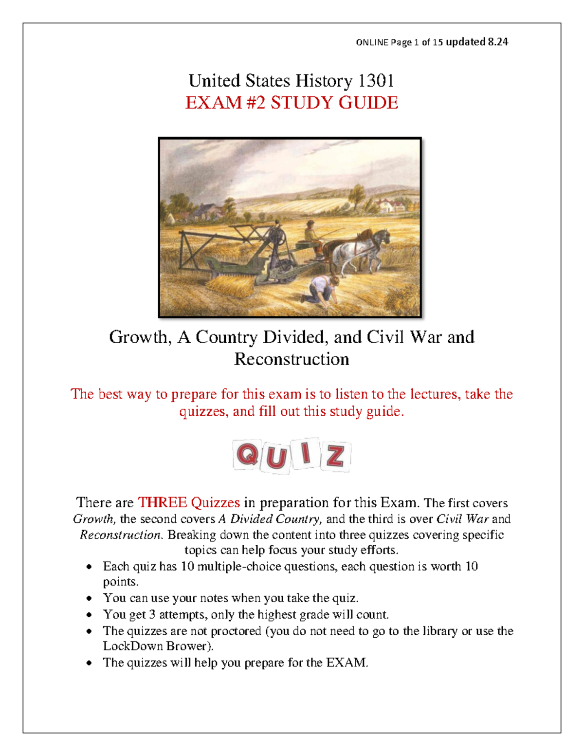 US History 1301: Exam Study Guide on Growth, Civil War & Reconstruction ...