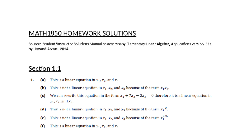 Linear Solution 1 - Homework - MATH1850 HOMEWORK SOLUTIONS Source ...