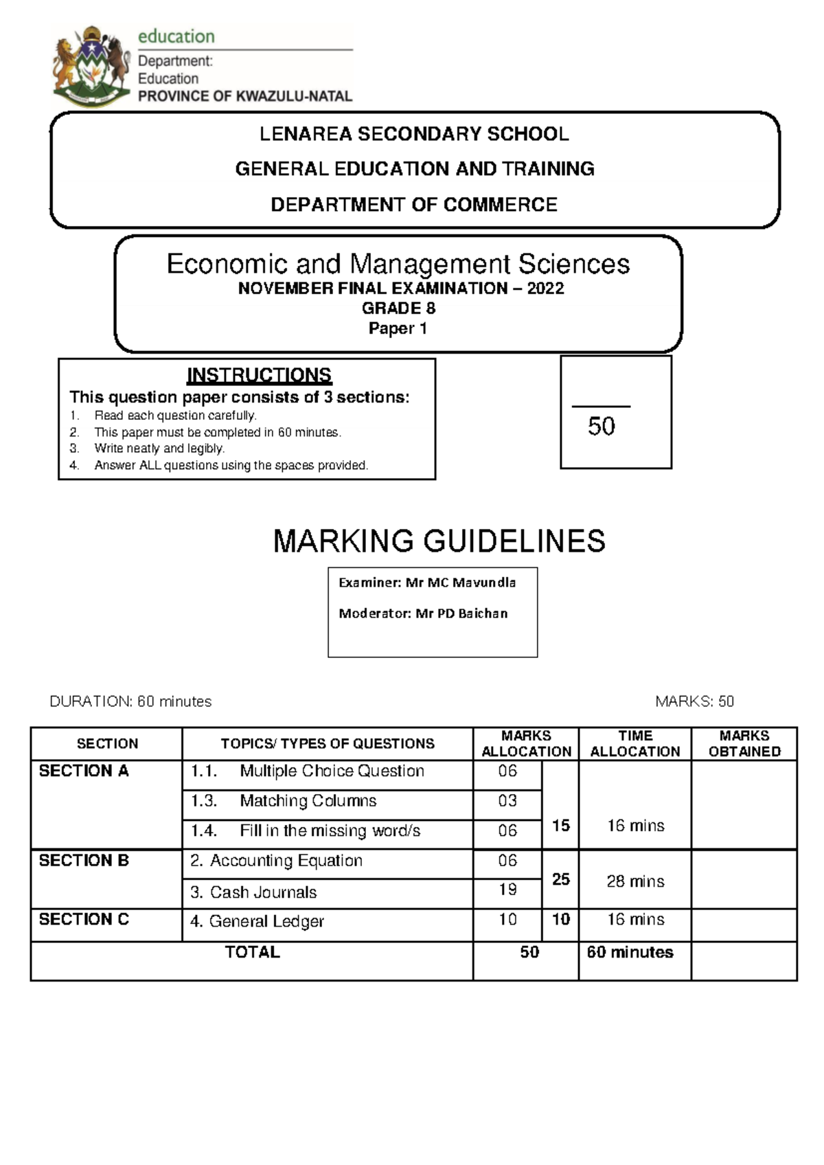 2022 EMS Grade 8 Final Exam - Marking Memo and Guidelines - Studocu
