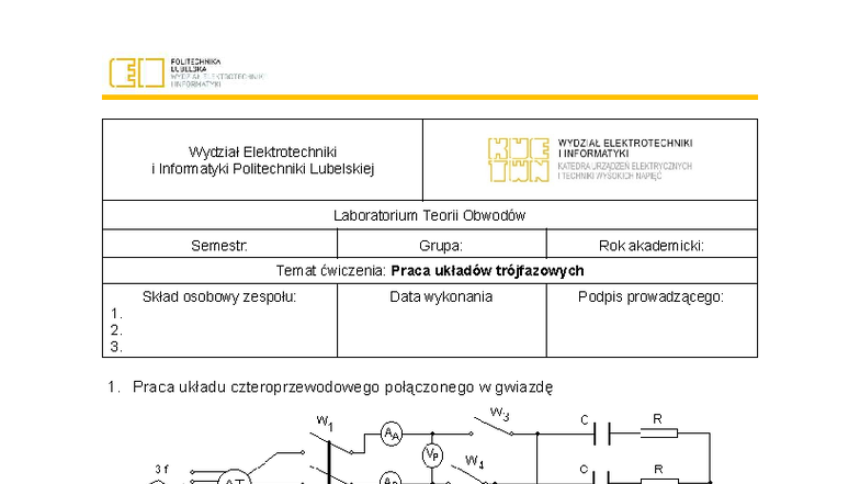 L12 Praca układów trójfazowych - Laboratorium Teorii Obwodów - Studocu