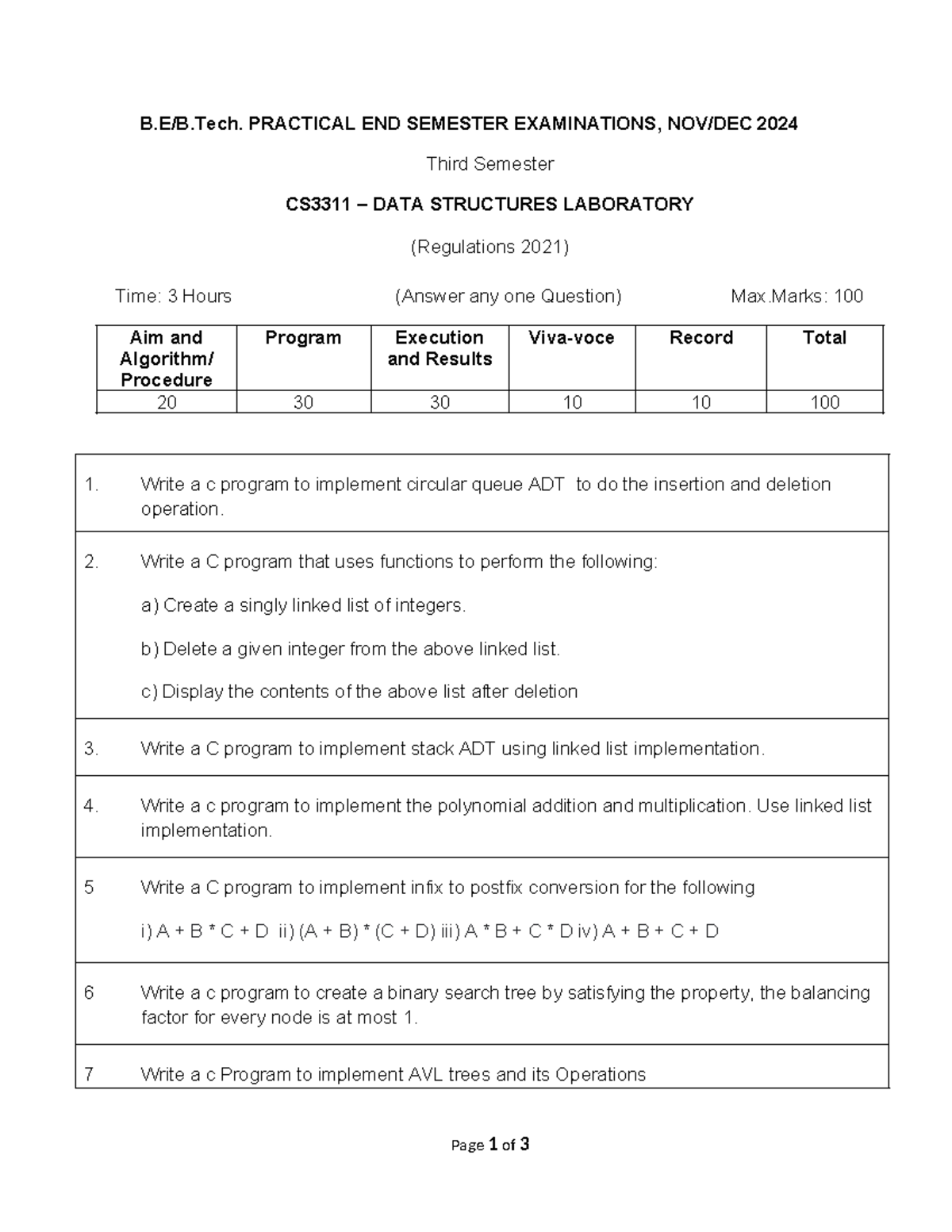 CSE-DS-CS3311 Final Exam Lab Questions - Data Structures 2024 - Studocu