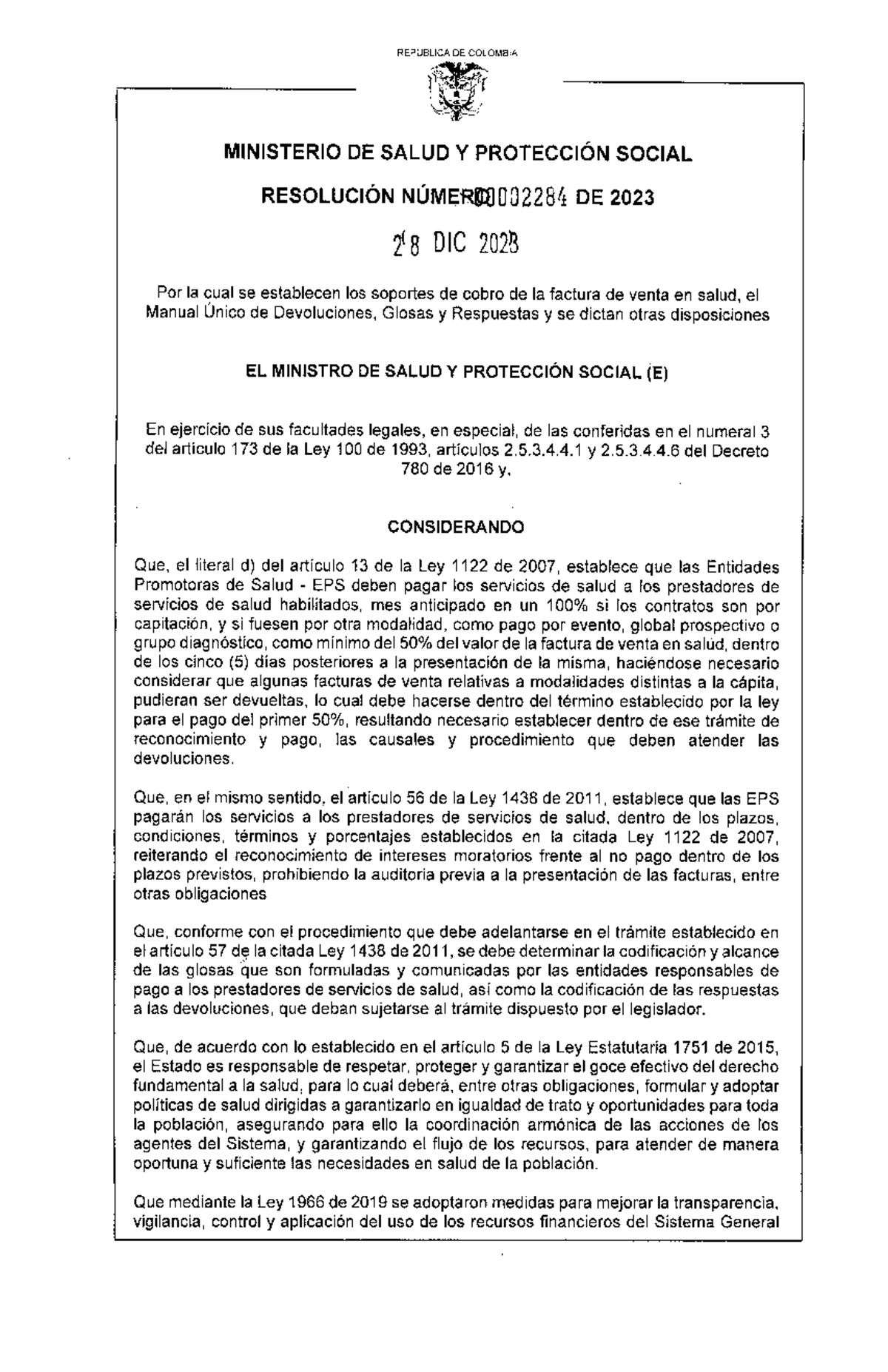 Resolución 2284: Manual de Soportes y Glosas en Salud - Studocu