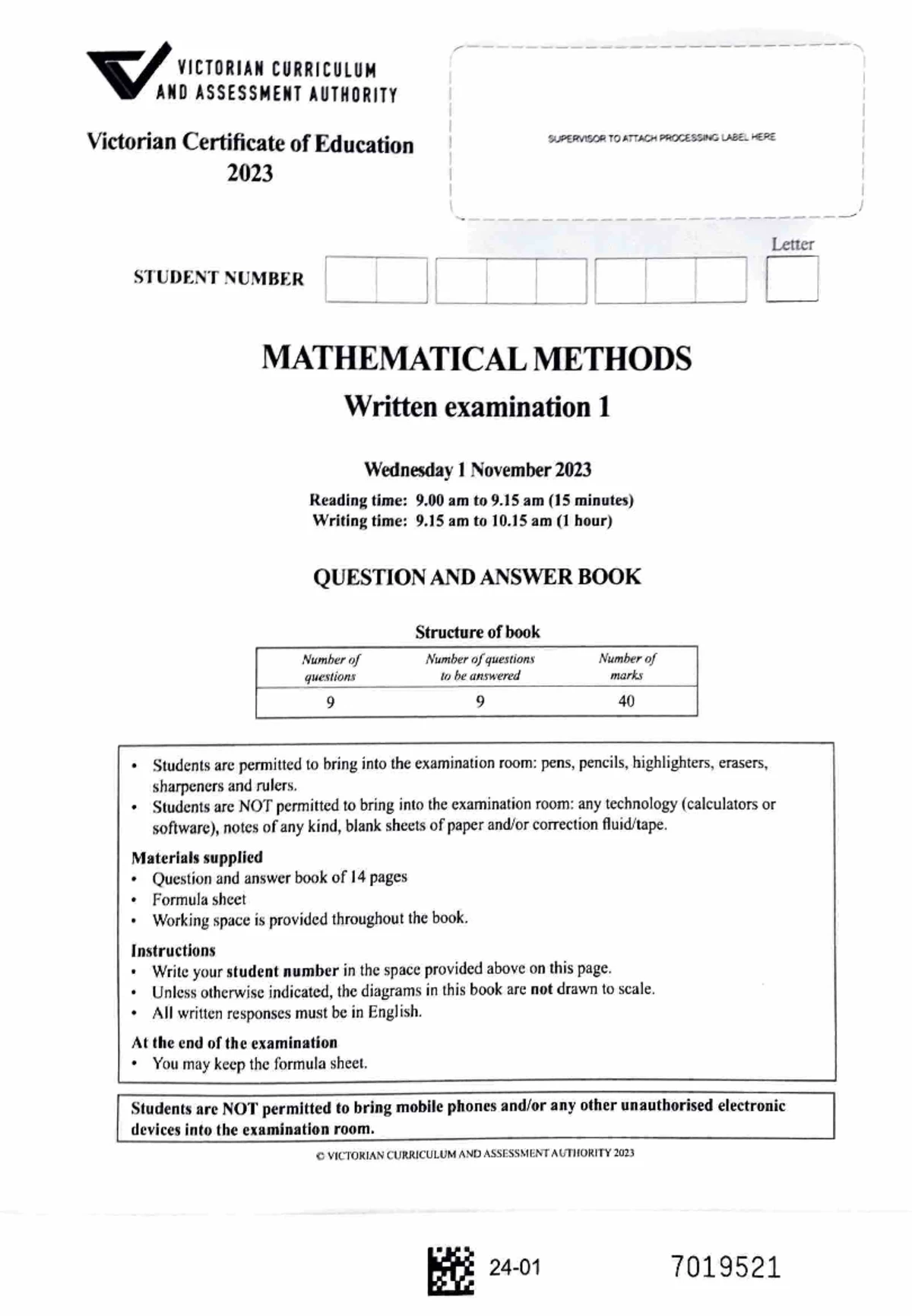 2025 VCE (NHT) Mathematical Methods Exam 1 Question & Answer Book - Studocu