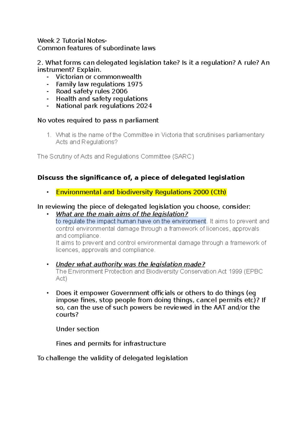 Week 2 Tutorial Notes: Understanding Delegated Legislation and Its ...
