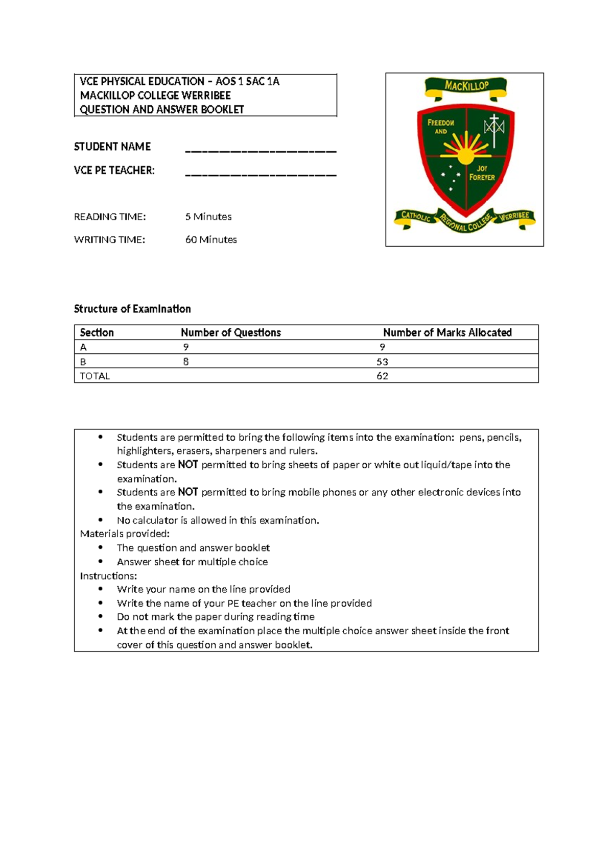 Unit 3 VCE PE AOS1 SAC 1 Answer Key and Guidelines - Studocu