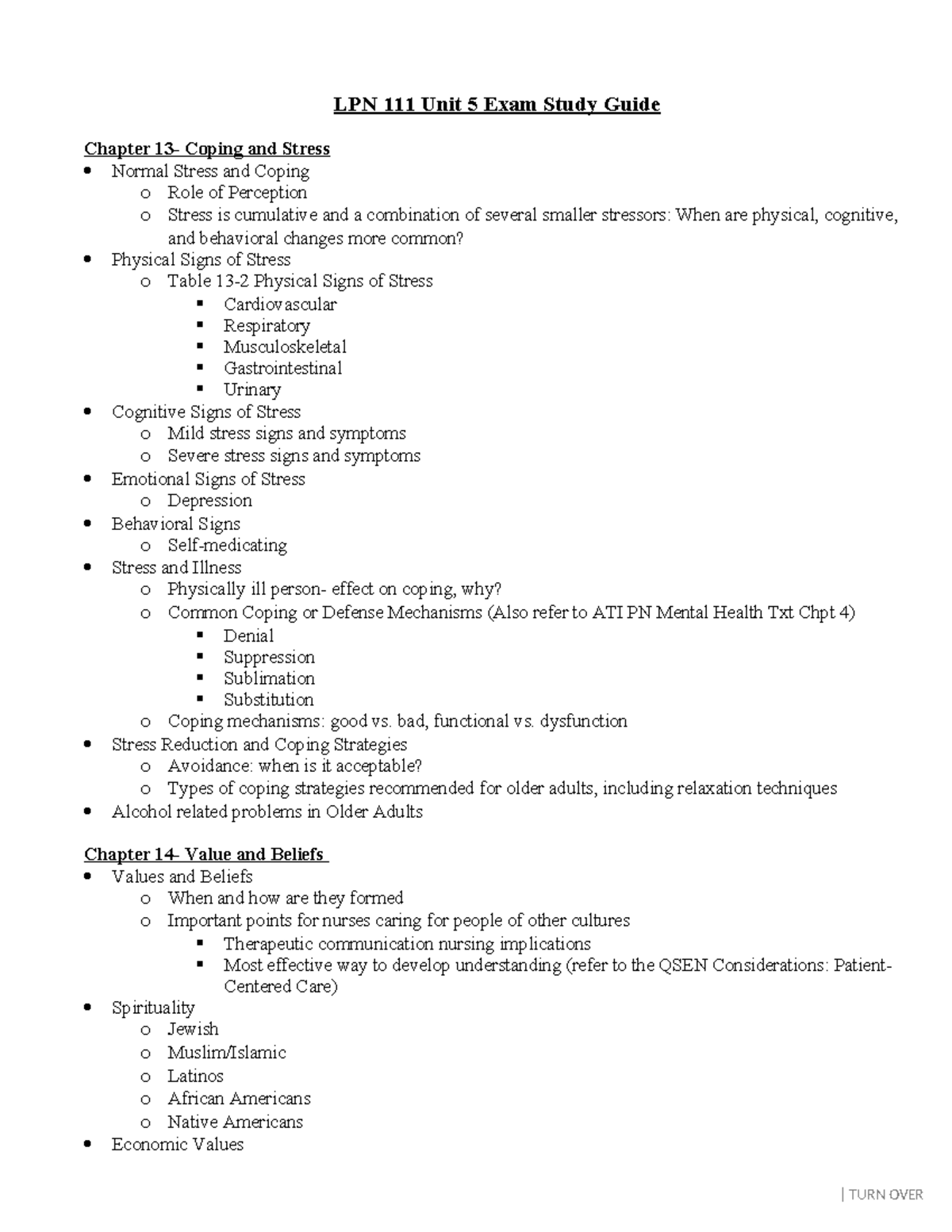 LPN Unit 5 Exam Study Guide: Coping, Stress, and Cultural Values - Studocu