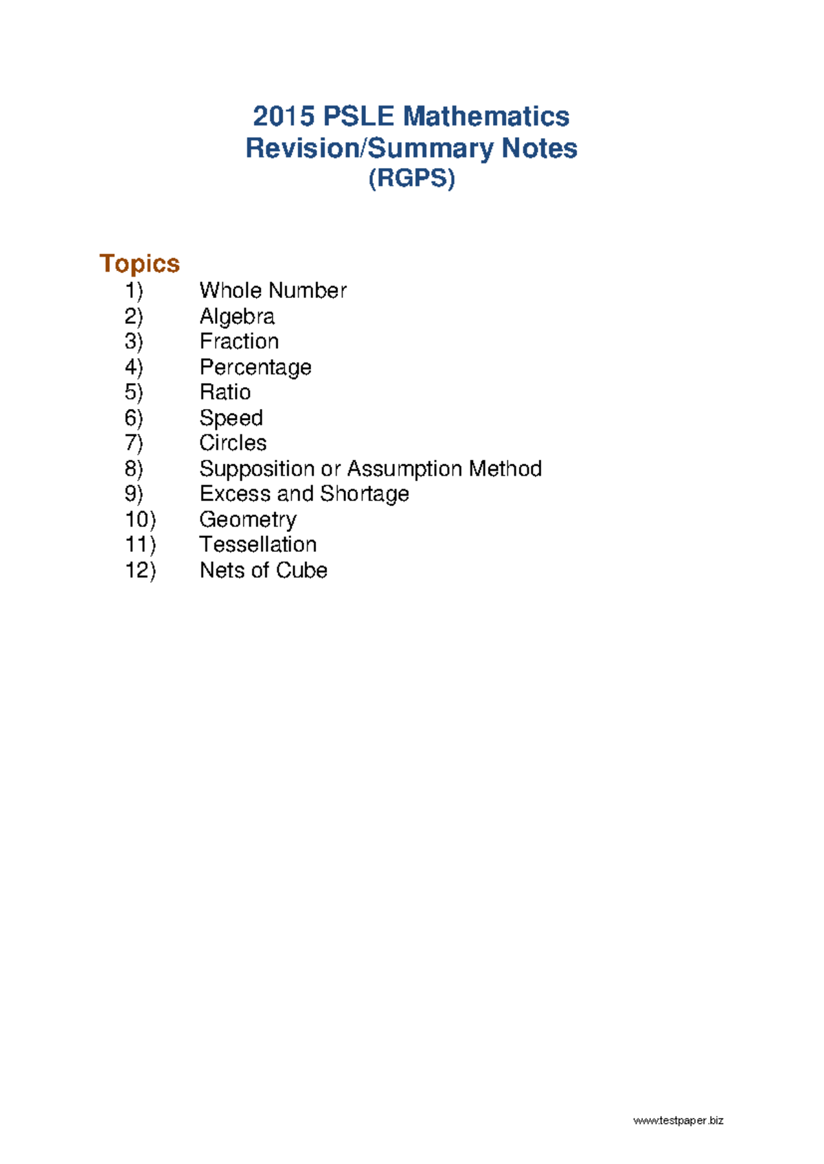 RGPS Math Revision Notes - 2015 PSLE Mathematics Notes (RGPS) Topics 1 ...